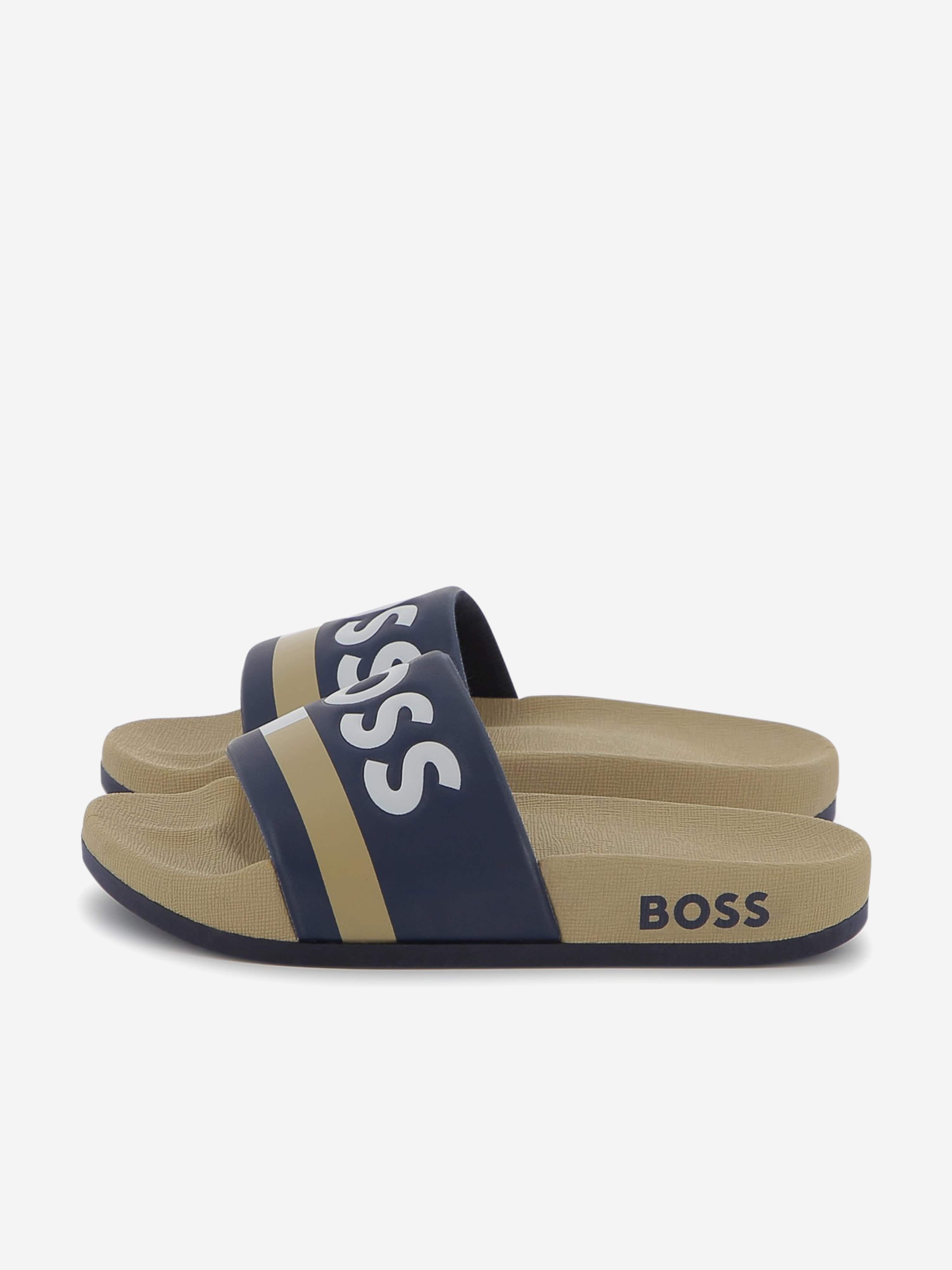 BOSS Boys Striped Logo Sliders in Beige | Childsplay Clothing UK