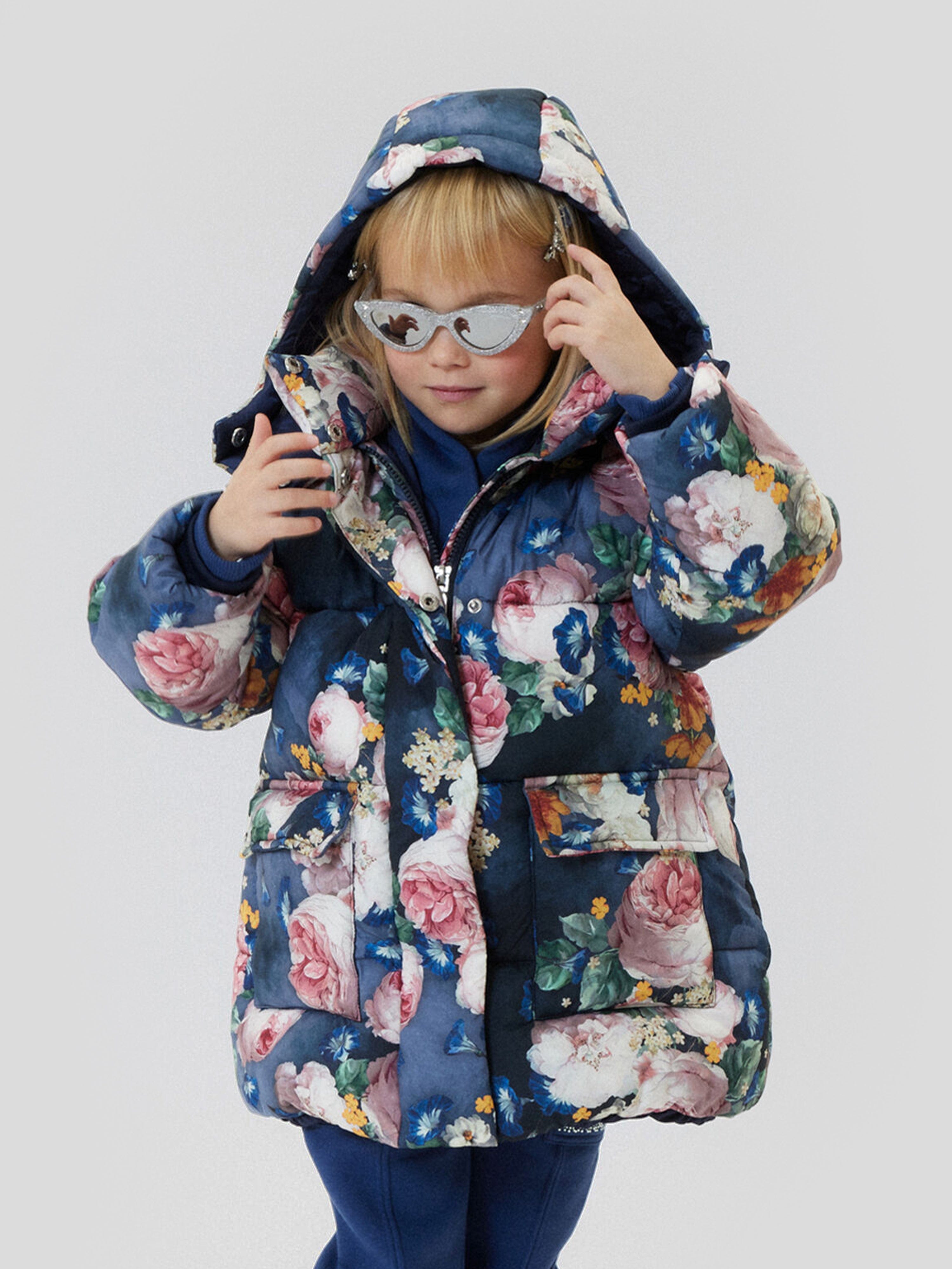 Monnalisa Girls Baroque Roses Puffer Jacket in Blue | Childsplay Clothing