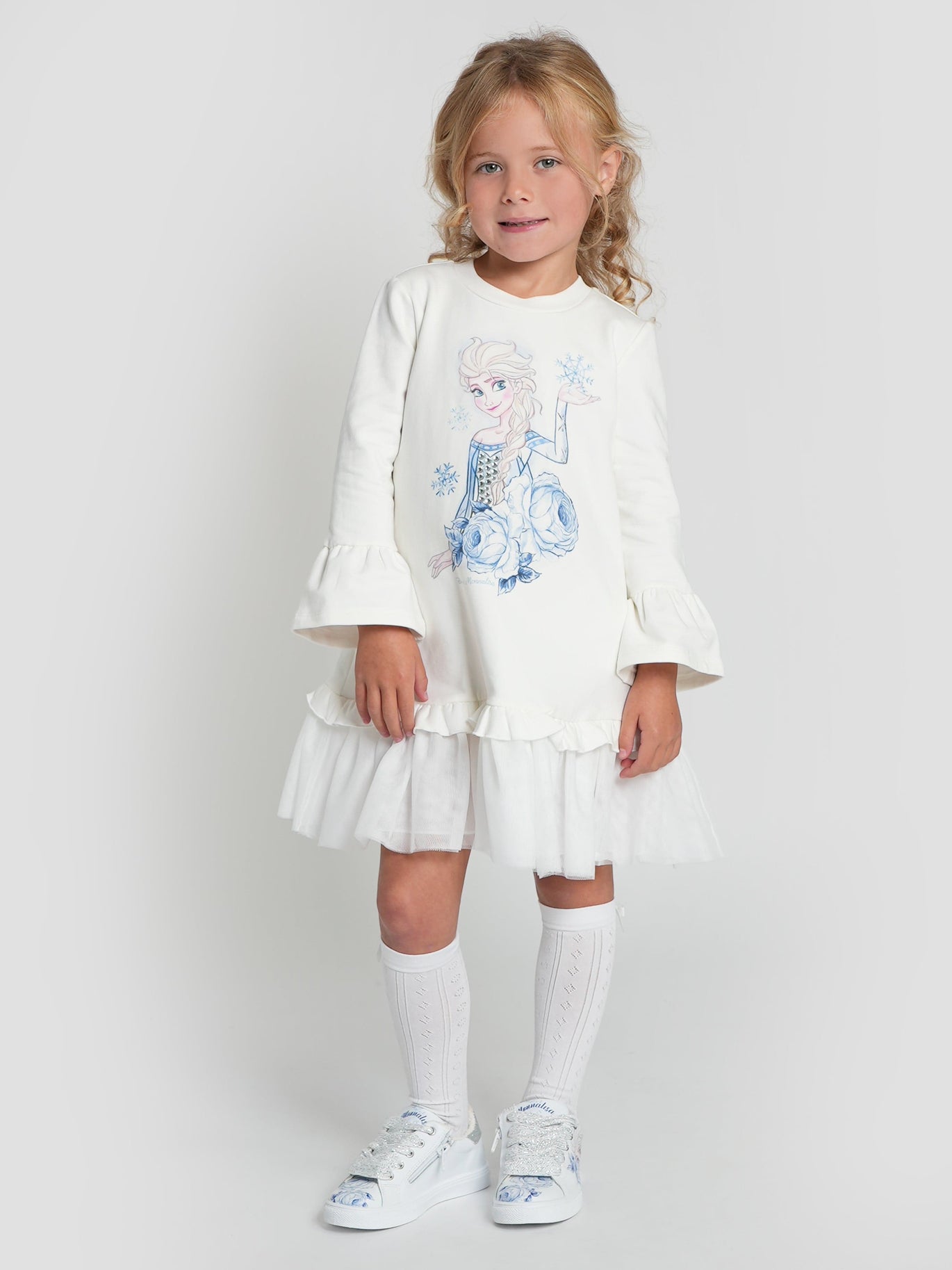 Monnalisa Girls Elsa Jersey Dress In Ivory | Childsplay Clothing