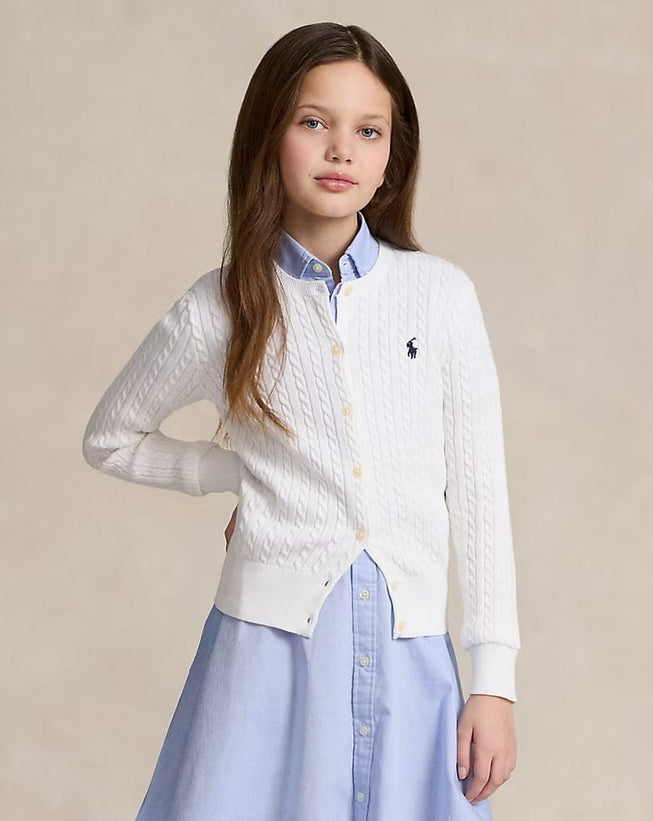 Girls Mini Cable Knit Cardigan in White | Childsplay Clothing