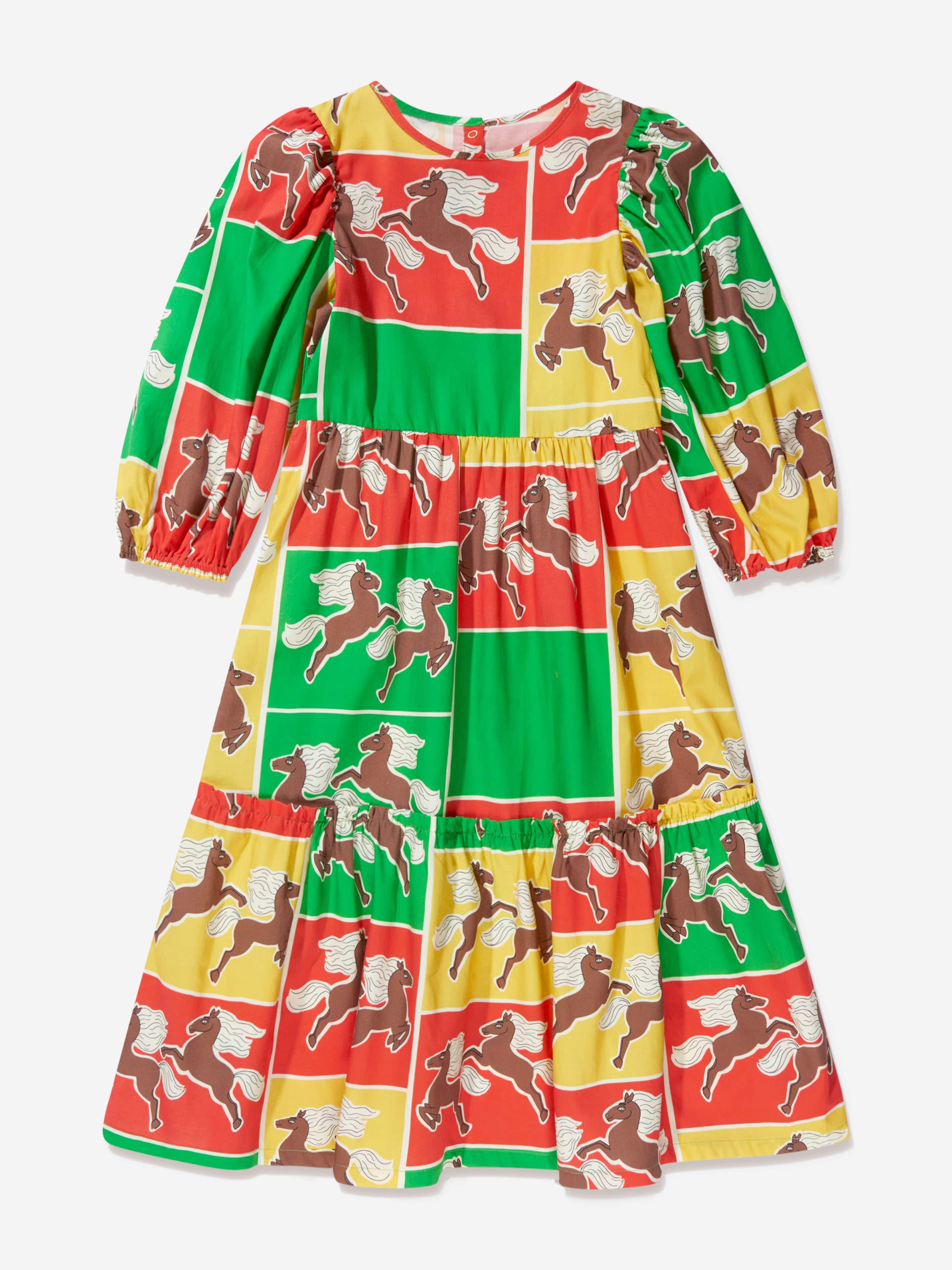 Mini Rodini - Girls Organic Cotton Puff Sleeve Horses Dress ...